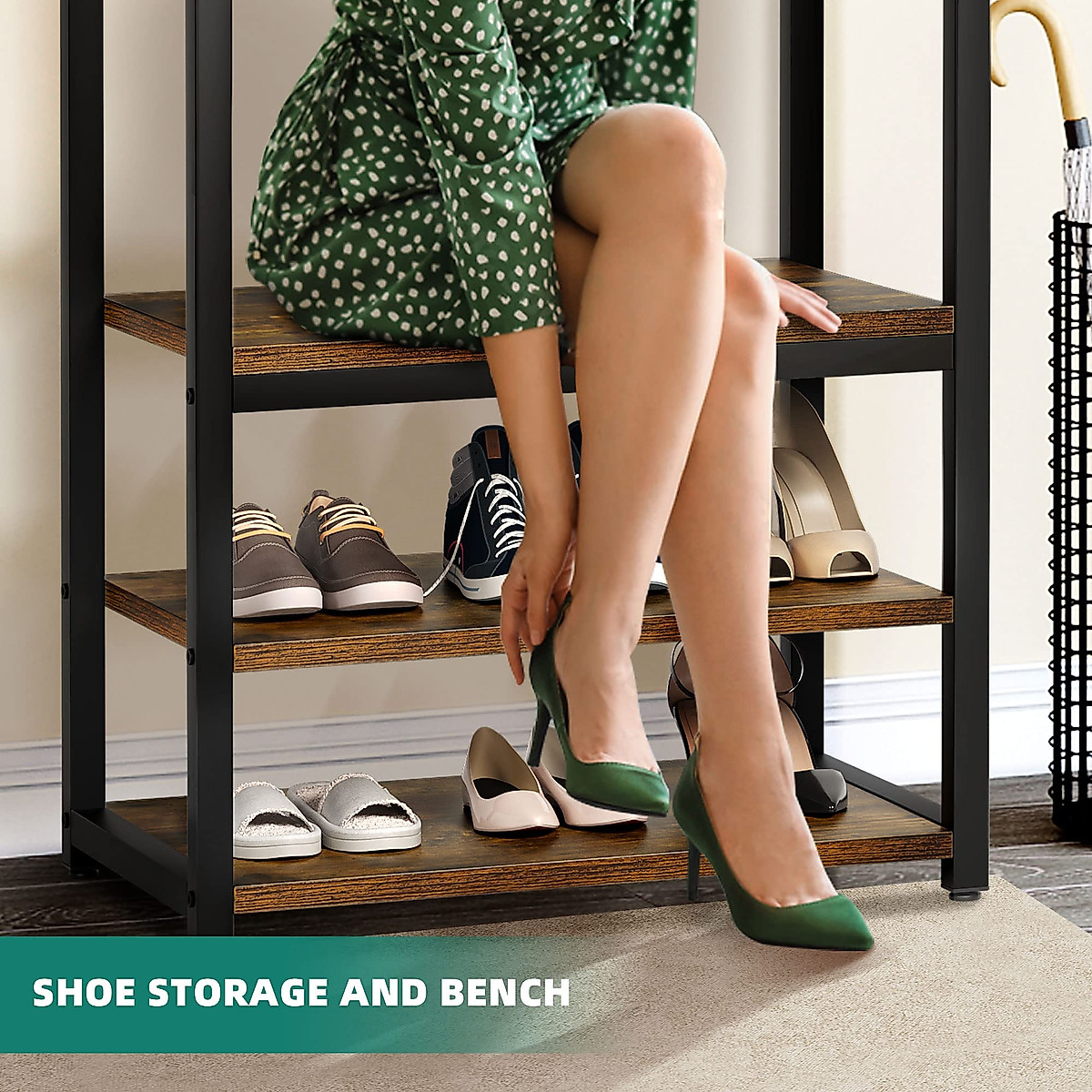 YITAHOME Small Heavy Duty Clothes Rack with Storage Shelves and Hanging Rod, Industrial Hall Tree Garments Rack, Freestanding Closet Organizer for Small Space, Entryway, Bedroom, Rustic Brown