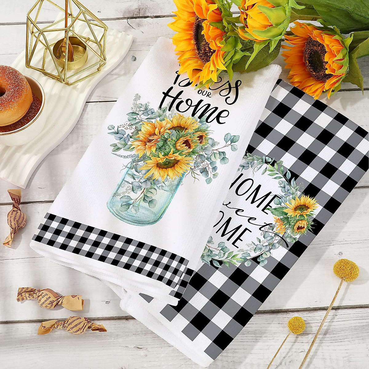 AnyDesign Summer Sunflower Kitchen Towel Buffalo Plaids Dish Cloths Floral Dish Towel Home Hand Towels Sweet Hand Drying Tea Towel for Seasonal Holiday Cooking Baking Cleaning Wiping, 18 x 28 In, 2Pcs