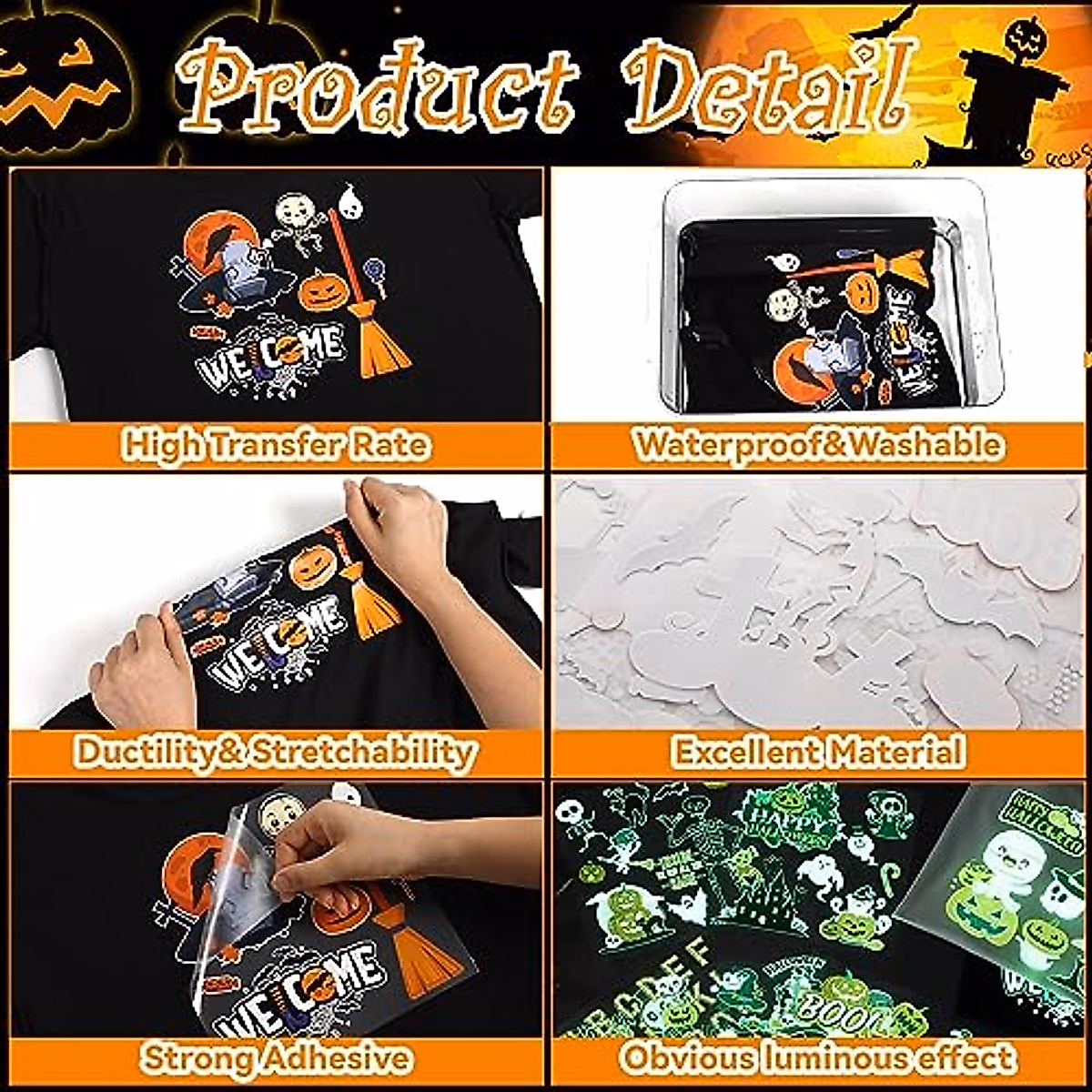24 Sheets Halloween Iron on Transfers Decals Patches for Clothing Glow in Dark Halloween Heat Transfer Halloween Pumpkin Heat Transfer Stickers for Kids T-Shirt Hat Bag DIY Supplies Decorations