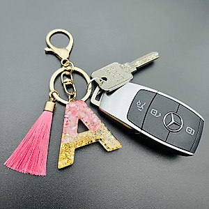 Letter Initial Keychains for Women Tassel Bling White Pink Cute shiny Keychain for Car key Backpack Purses Wallet (Pink Tassel A)