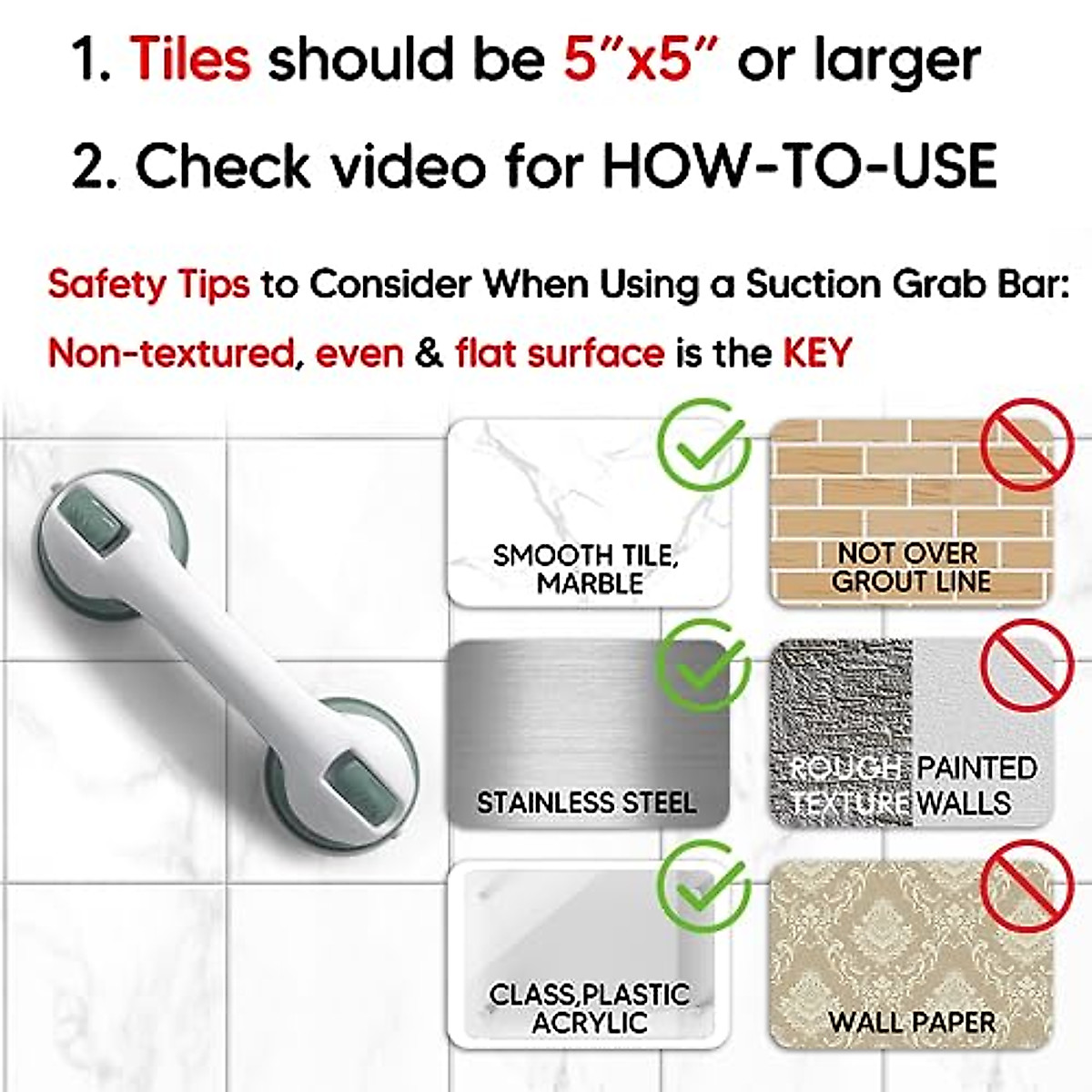 Suction Grab Bars for Shower Heavy-Duty (2Pack)12-Inch ADA Shower Handles for Elderly Suction Shower Grab Bars for Seniors Handicap Safety Handrail for Bathtubs Showers Elderly Assistance Product