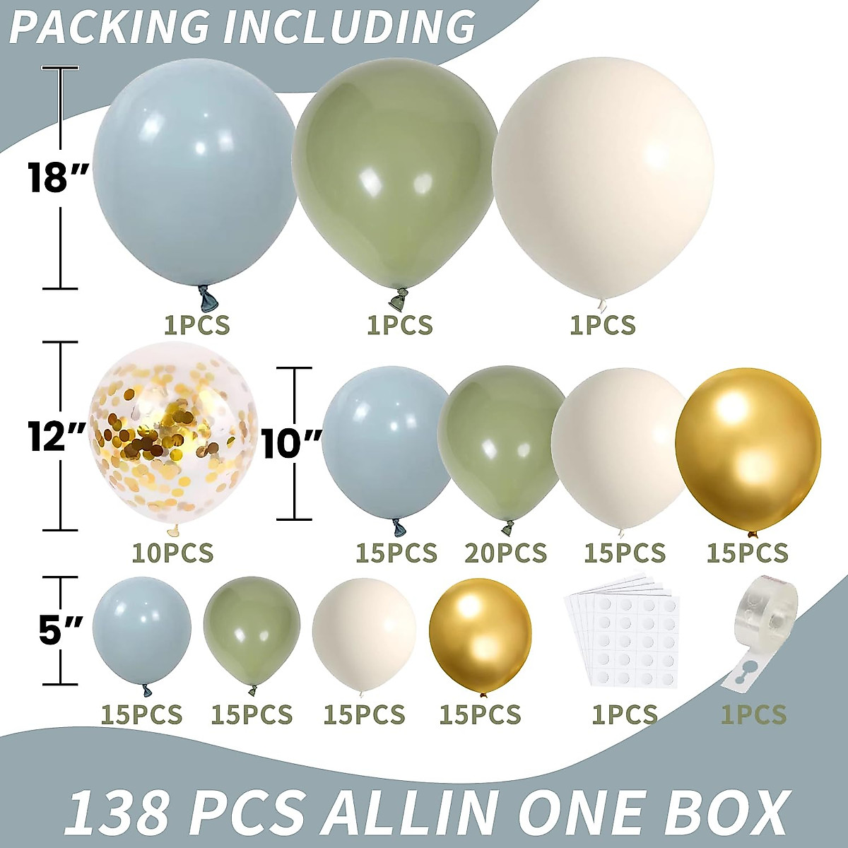 Sage Green Blue Balloons Garland kit, 138pcs Dusty Blue Sand White and Gold Balloons for Boys Baby Shower Wedding Birthday Jungle Safari Woodland Wild One Party Decorations………