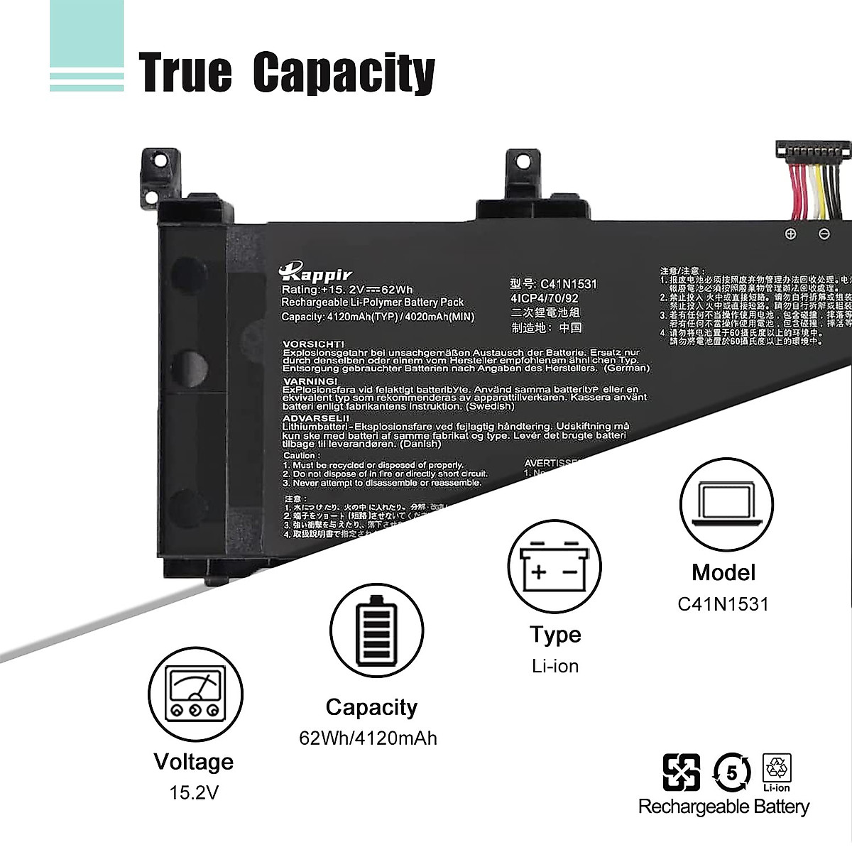 BOWEIRUI C41N1531 Laptop Battery Replacement for ROG GL502VS GL502VT GL502VS-1A GL502VY-1A GL502VS-1E GL502VT-1B GL502VY Strix GL502VS-FY032T G502VY-FY065T Series Notebook 0B200-01940100