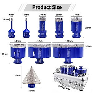 SHDIATOOL Diamond Tile Drill Bits Set,Porcelain Hole Saw, Cutter for Marble Ceramic Granite 9pieces(6/6/20/25/35/50/75/100mm/2 inch)