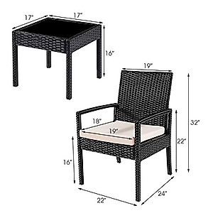 Casart 3-Piece Rattan Conversation Set, Outdoor Wicker Table and Chairs for Bistro Garden Backyard Poolside, Patio Furniture Set with Cushioned Seats and Tempered Glass Table