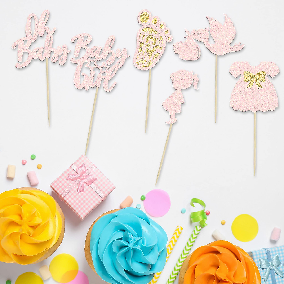 24Pcs Oh Baby Cupcake Toppers Baby Girl Cupcake Toppers with Bow Dress Footprint Swan Light Pink Glitter Babyshower Gender Reveal Cake Picks Decorations for Baby Shower Its a Girl Birthday Party