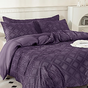 JELLYMONI Purple Duvet Cover Full Size - 3 PCS Microfiber Tufted Duvet Cover Set, Boho Textured Duvet Cover Jacquard Rhombus Geometric Pattern Duvet Cover with Corner Ties & Zipper Closure