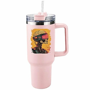 LB LEOBON 40 ounce insulated cup with handle, double-layer vacuum stainless steel material, equipped with straw, can keep warm or maintain cold drinks Neone Poppe Skeletons 3 Light pink