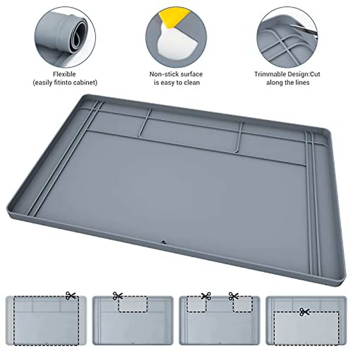 Dwellaid Gray Under Sink Mats for Kitchen Waterproof Cut to Fit 34''x22'' Sink Cabinet Mat Under Sink Silicone Mat with Hole Under Bathroom Sink Mat for Cabinet Crafting Pet Bowls