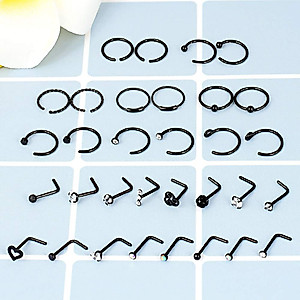 Longbeauty 32Pcs C-Shaped Nose Ring L-Shaped Nose Studs Bone Tragus Cartilage Hoop Rings Piercings 20g for Men Women (L-Shape & C-Shape, black)