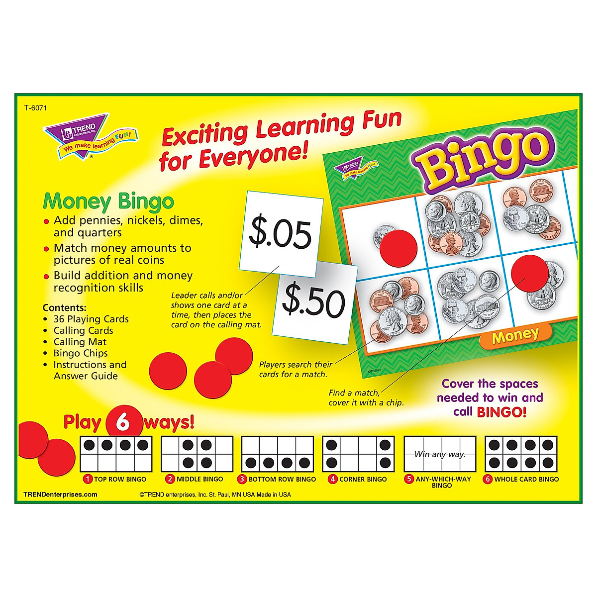 Trend Enterprises: Money Bingo Game, Exciting Way for Everyone to Learn, Play 6 Different Ways, Great for Classrooms and at Home, 3 to 36 Players, for Ages 5 and Up
