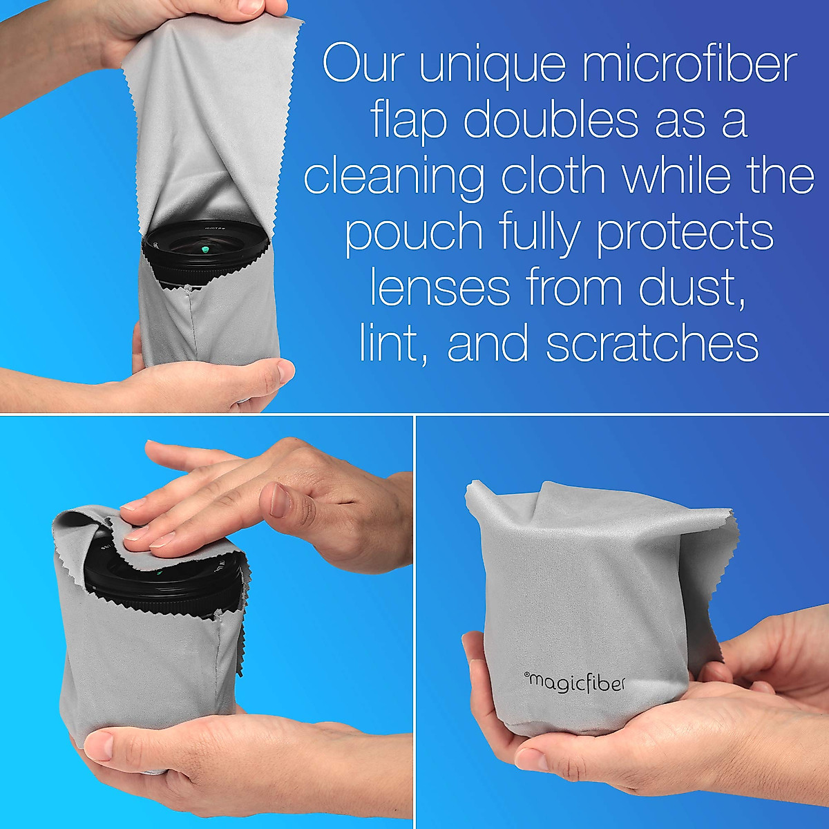 MagicFiber Microfiber Camera Lens Pouches (3 Pack) Ultra Soft Bags with Built-in Cloth for Cleaning and Storing Camera Lenses