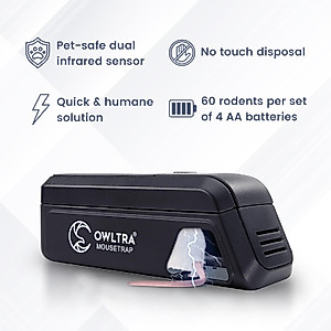 OWLTRA Indoor Electric Mouse Trap, Instant Kill Rodent Zapper with Pet Safe Trigger, Black, Small