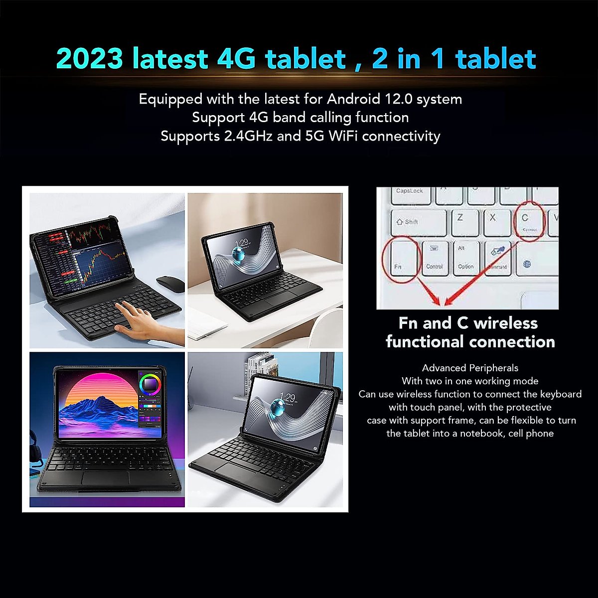 2 in 1 Tablet, 10.1 Inch Android 12 Tablet with Keyboard, 6GB RAM 128GB ROM, Octa Core Processor, FHD Touchscreen, 8+16MP Dual Camera, 5G WiFi, BT 5.0, 4G Network, 7000mAh Battery (Silver)