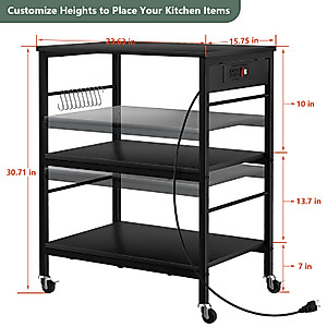 Bakers Rack with Power Outlet Microwave Shelf Stand Black Coffee Bar Table Cart 3 Tier Kitchen Carts on Wheels with Storage and 10 S-Shaped Hooks for Living Room Dining Room Office