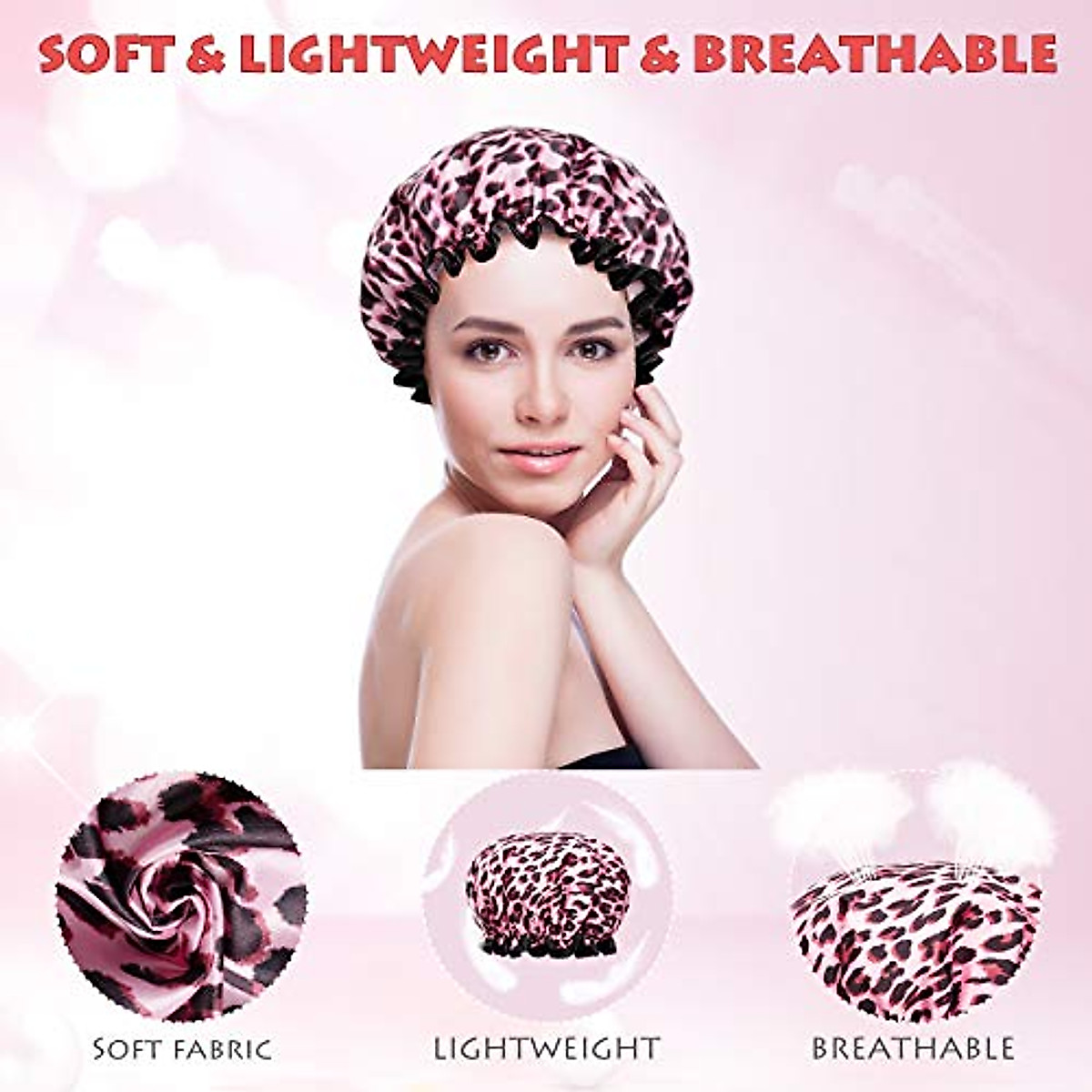 POPCHOSE Shower Cap, Large Shower Caps for Women Long Hair, Reusable Double Layer Waterproof Shower Hair Bath Cap, Stylish Satin Hair Bonnet, Soft Comfortable EVA Lined Shower Hat for All Hair Length