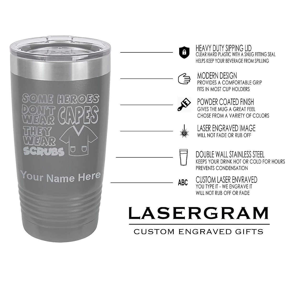 LaserGram 20oz Tumbler Mug | Some Heroes don't Wear Capes, They Wear Scrubs | Personalized Engraving Included (Grey)