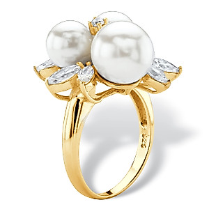 PalmBeach Yellow Gold-Plated or Platinum-Plated Sterling Silver Round Bead Simulated Pearl and Cubic Zirconia Ring Size 9