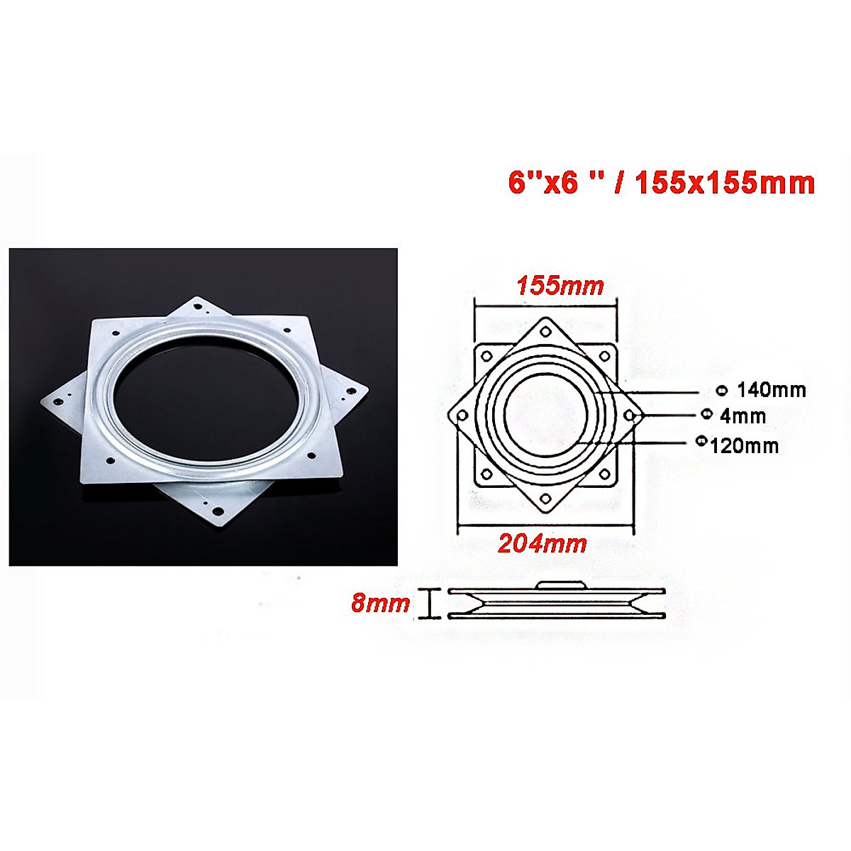 6 inch Square Swivel Ball Bearing Plate Rotating Table Lazy Susan 5/16'' Thick Turntable Silver Tone