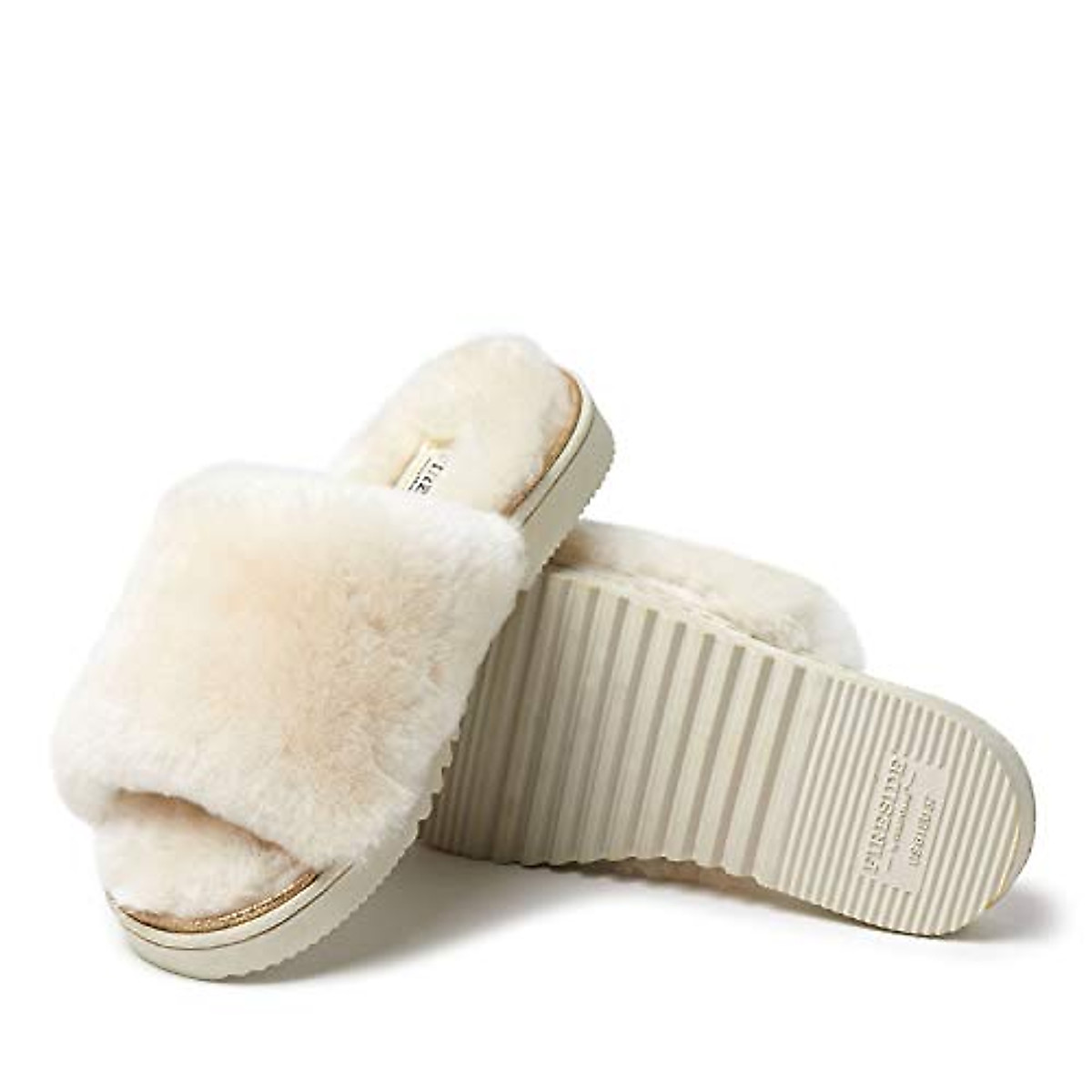 Dearfoams womens Fireside By Dearfoams Cairns Shearling Slide With Metallic Trim Slipper, Natural, 8 US