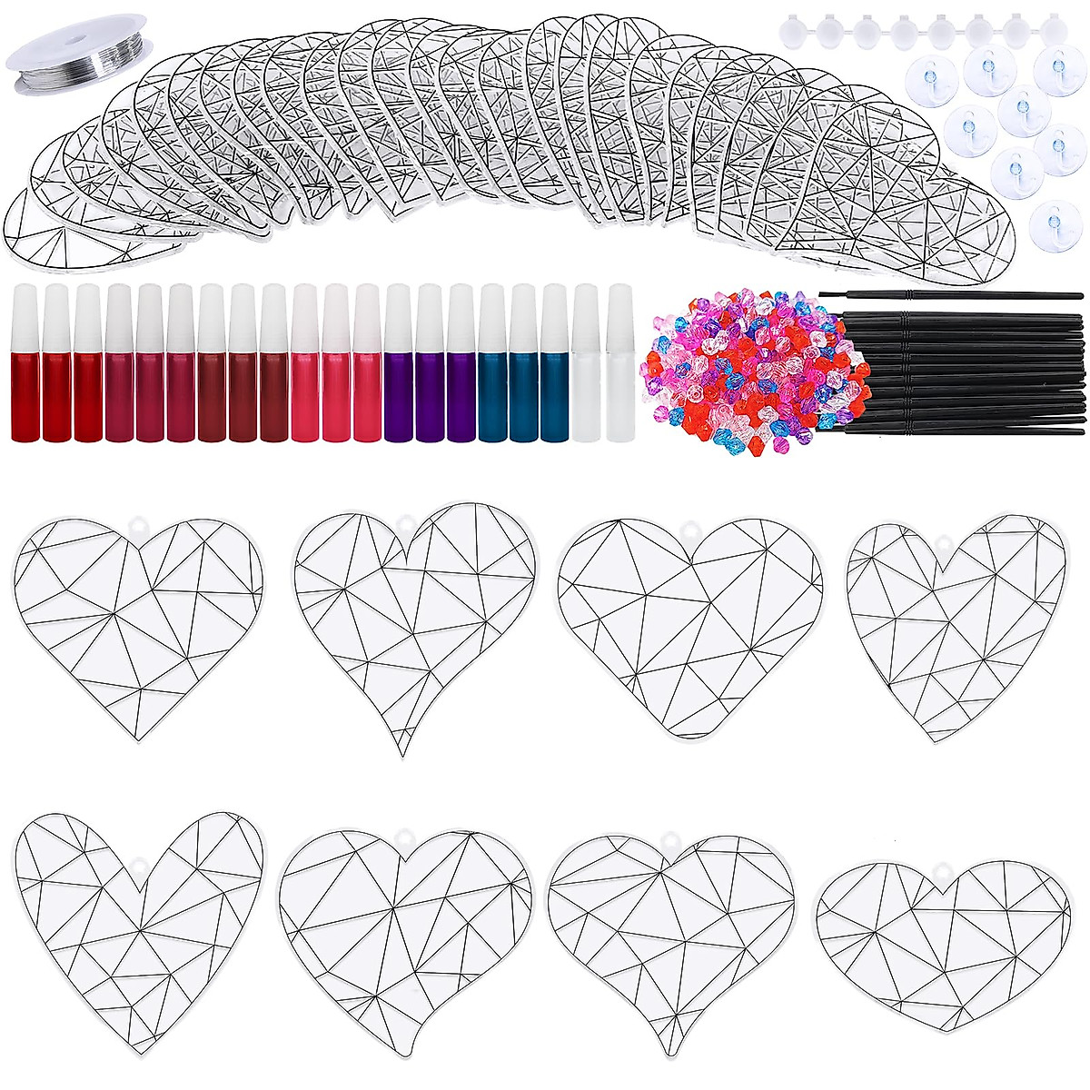 Winlyn 24 Sets Heart Suncatchers Ornaments Decorations DIY Window Paint Art Stickers Crafts Heart Sun Catchers Kits for Kids Valentine's Day Pirate-Themed Birthday Activities Party Favors Art Project