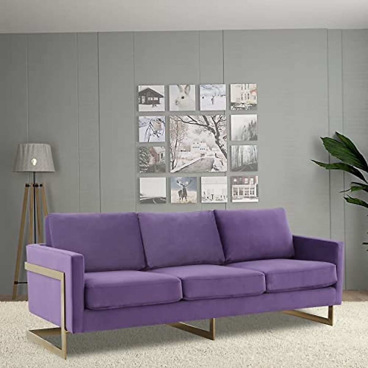 LeisureMod Lincoln Modern Mid-Century Upholstered Velvet 83" Sofa with Gold Frame, Purple
