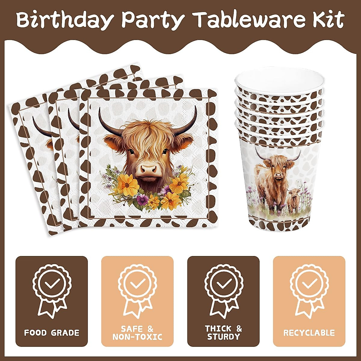 120pcs Highland Cow Birthday Party Supplies Plates Napkins Holy Cow Paper Disposable Tableware Set Cups Forks for 24 Guests