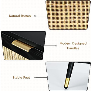 REVOMINCA Rattan 6 Drawer Dresser, Modern Boho Dresser for Bedroom, Rattan Chest of Drawers with Gold Handles & Legs, Modern Dressers for Bedroom, Black Rattan Dresser for Living Room and Hallway