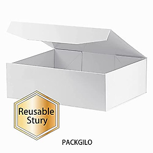 PACKGILO 1 Pcs White Extra Large Gift Box with Lid, 16.5 x 13 x 5.3 Inches, Hard Magnetic Giant Gift Boxes for Presents Clothes Robe Wedding Dress Sweater,Reusable Foldable Bridesmaid Proposal Box