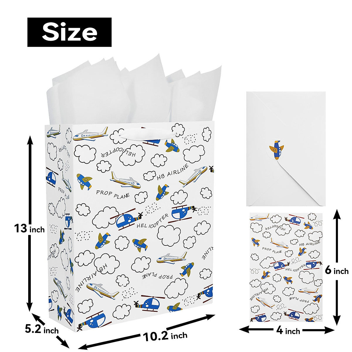 13" Large White Gift Bag Set with Greeting Card and Tissue Papers (Helicopter and Plane Design) or Boys’, Girls', or Kids' Party, Baby Showers, Boy