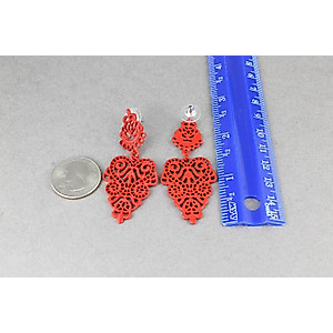 Red Earrings Dangle Post Hinged Door Knocker 2.5" Long Cut Out Lace Adorable Statement Jewelry Earrings for Women