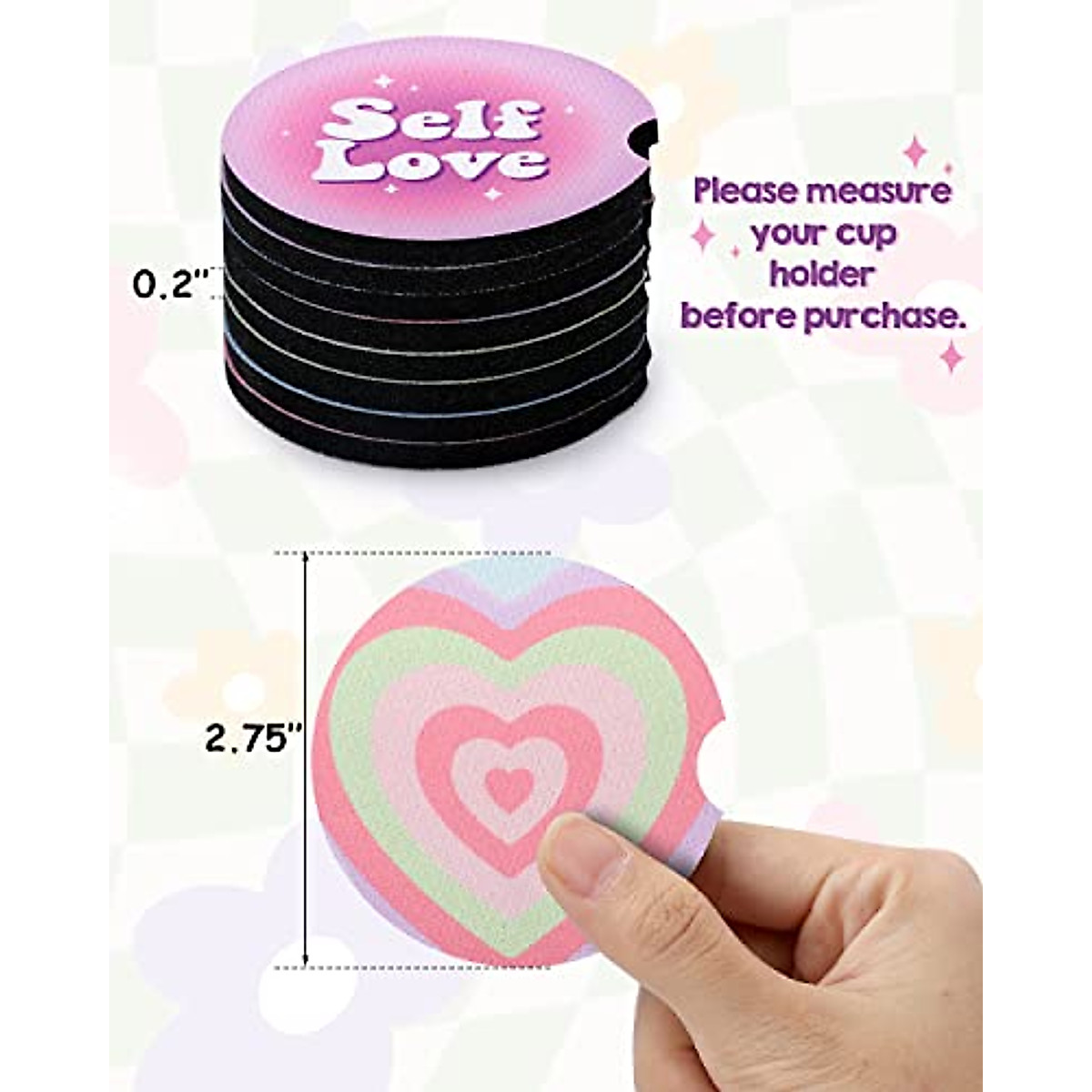 Huray Rayho 8pcs Danish Pastel Car Coasters 2.75inch Car Cup Holders Non-Slip Rubber Car Coasters with Finger Notch Drinks Coasters Aesthetic Smiling Face Flower Preppy Boho Cute Accessories for Women