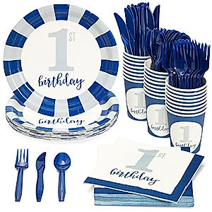144-Piece Baby First Birthday Decorations for Boy, 1st Birthday Theme Party Supplies with No 1. Plates, Napkins, 9oz Cups, and Cutlery, Nautical Blue Color (Serves 24)