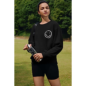 ReachMe Womens Cute Graphic Crewneck Sweatshirts Fashion Smile Pullover Tops Casual Loose Happy Face Sweatshirt(2 Black,M)