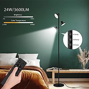 MOFFE Modern Tree Floor Lamp,3 Lights Adjustable Rotate and Stepless Dimming,Stand Up Tall Pole Lamps with Remote and 2 Batteries for Living Room Bedroom Office Reading - Industrial Style Black