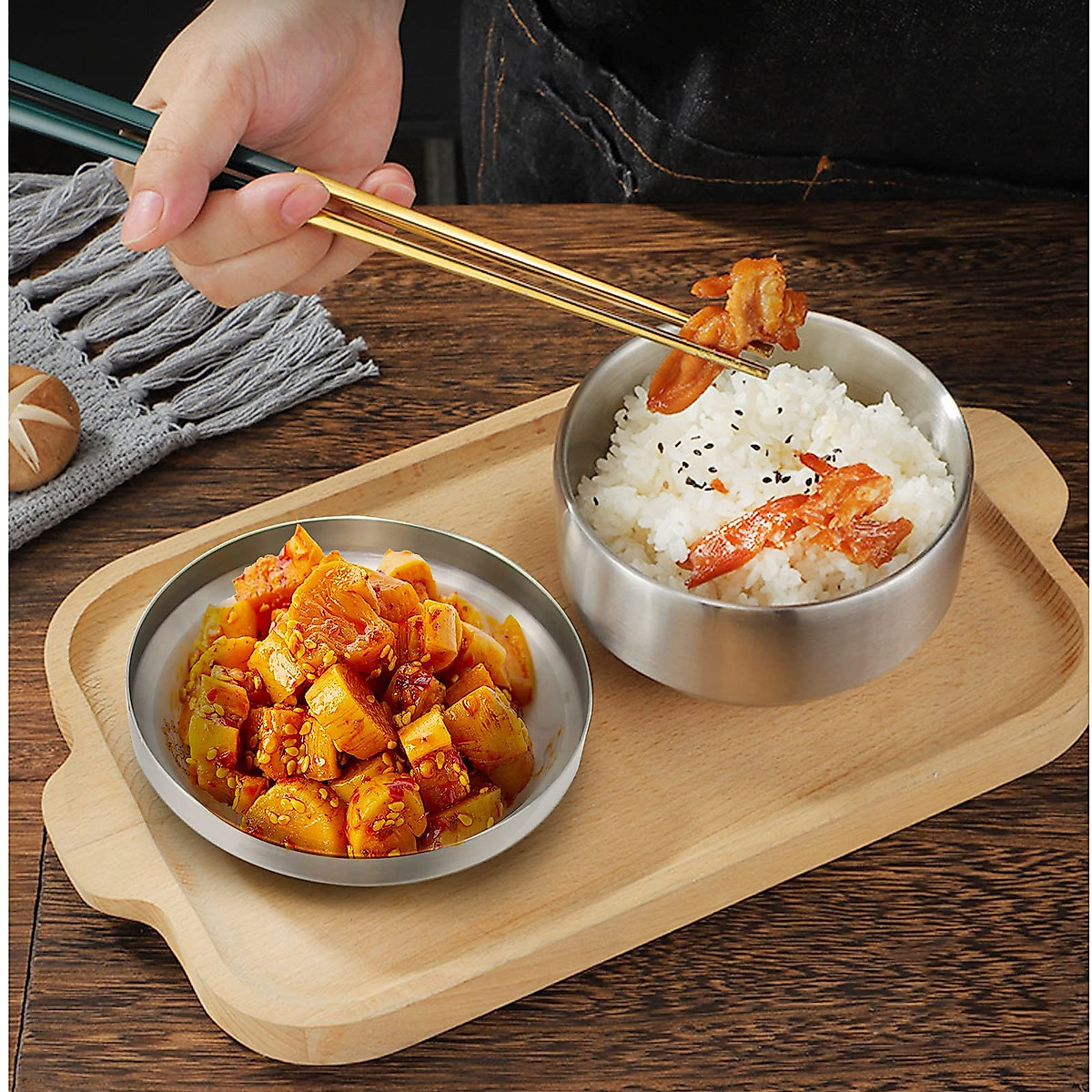 Aynaxcol Stainless Steel Rice Bowl with Lid, Set of 2, for Korean Kitchen Restaurant, Double-walled Metal Bowls, Multi-Purpose Insulated Soup Bowls Snacks Bowls (11.5cm Silver)