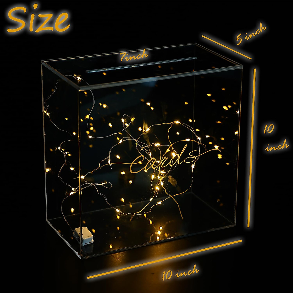 TINYFUTURE Acrylic Card Box with Light & Slot for Envelopes. 10"x10"x6" Thick Gift Box, Perfect for Reception Decoration Fundraiser Money Box Election Ballot Graduation Keepsake Party Favor