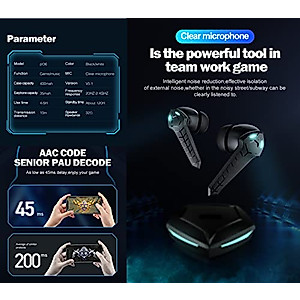 Bluetooth 5.2 Wireless Earbuds Gaming Headphones for Motorola one 5G ace, Low Latency with Cool Lights, True Wireless Gaming Headset Music/Gaming Mode - Black