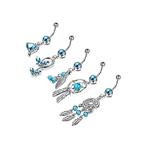 XIGUA MELON 5Pcs Female Button Navel Ring, 316L Medical Steel Body Piercing Dream Catcher Belly Button Set