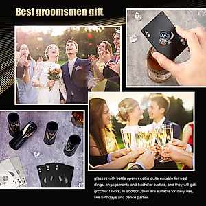 24 Pieces Groomsmen Tuxedo 12 Gauge Glasses Set with Poker Bottle Cap Opener Groomsmen Gifts Black Espresso Shot Glasses Ace of Spades Credit Card Bottle Opener for Men Proposal Wedding Party