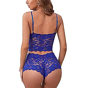 Lilosy Sexy Women Floral Lace Pajamas Lingerie Set High Waist Sheer Sleepwear See Through Nightwear Cami Shorts Bra and Panty 2 Piece Royal Blue Large