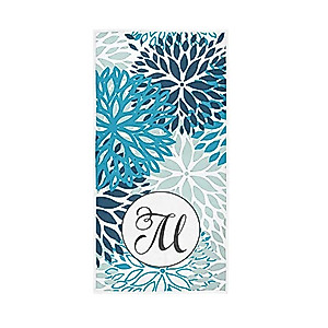 Oreayn Monogrammed Hand Towel for Bathroom Kitchen Polyester and Cotton 30 x 15 inch Soft and Absorbent, Blue and Navy Chrysanthemum Flowers Pattern, Monogram Letter M