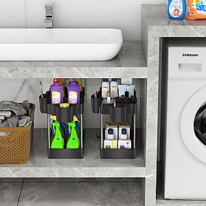 [ 2 Pack ] Under Sink Organizers and Storage, 2 Tier Bathroom Organizer Under Sink Shelf with 4 Removable Dividers , Kitchen Cabinet Storage Caddy Bath Counter Basket with Hooks Dividers Hanging Cups