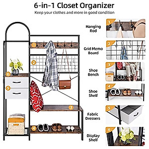 YITAHOME Entryway Hall Tree with 16 Metal Hooks, Coat Rack Stand with Side Shelves, Industrial Coat Rack Shoe Bench with 2 Foldable Drawer, Gray, 70" High
