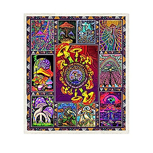 Trippy Mushroom Blanket Hippie Plant Throw Blankets for Couch Colorful Trippy Sherpa Fleece Blankets Soft Cotton Fuzzy Blanket Wool Plush Blanket (Classic Purple,(51 x 59 in))