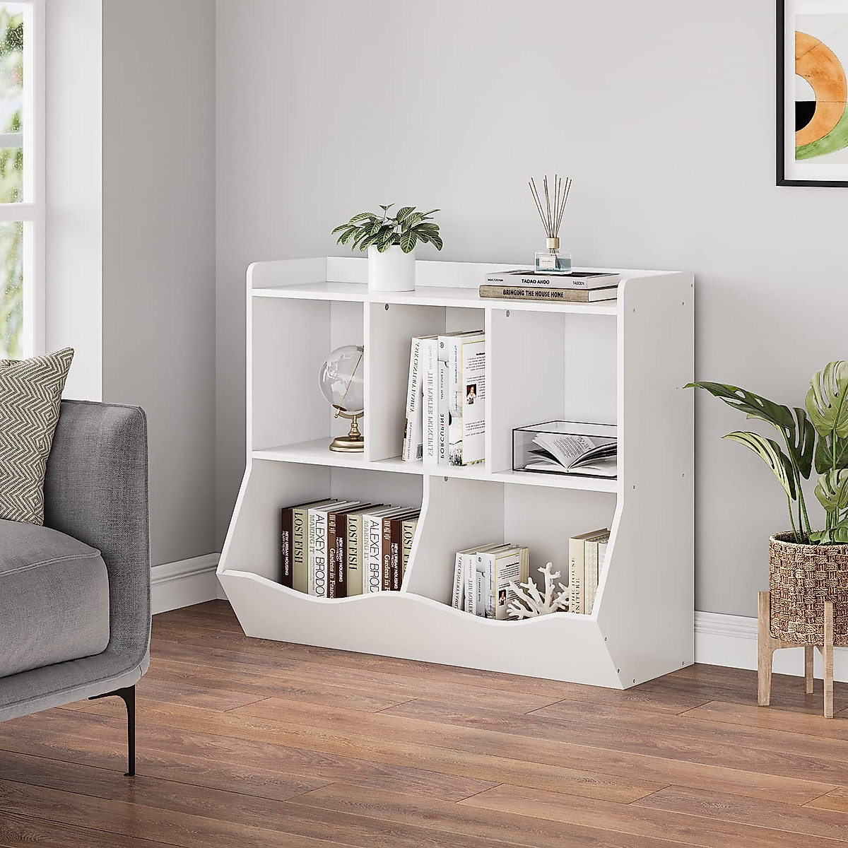 GAOMON Toy Bookshelf and Bookcase for Boys and Girls, Multi Shelf with Cubby Organizer Cabinet for Storage Books and Toys, for Children Bedroom Playroom Hallway Kindergarten School (White)