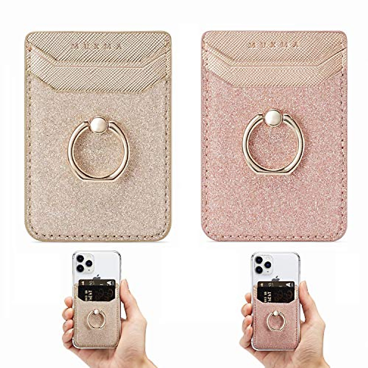 Phone Card Holder Sleeve RFID Credit Wallet with Kickstand Ring for Women, DMaos 2 Pieces Glitter Sands Wallet Stick-On Back Grip for iPhone Samsung Android and Smartphones - Pink + Gold