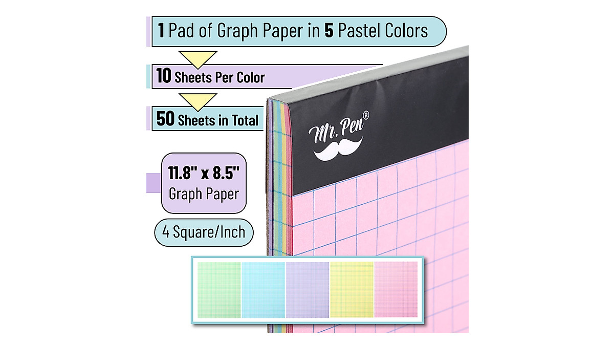 Mr. Pen Pastel Graph Paper Pad - 50 Sheets of Colored Grid Paper