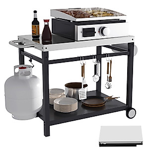 GLOWYE Outdoor Portable Grill Carts, BBQ Foldable Food Prep Cart with Wheels for Blackstone Griddle, Ninja Woodfire Grills, Oven, Double-Shelf Stainless Steel Pizza Oven Table Stand