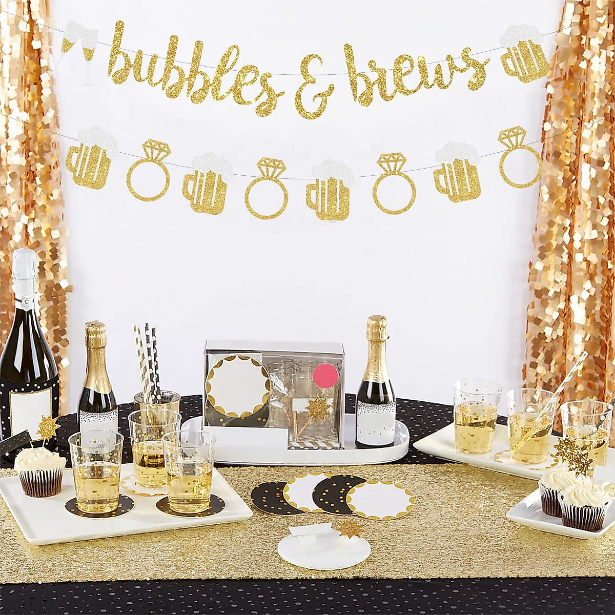 Sursurprise Gold Glitter Bubbles & Brews Banner, Beer Diamond Ring Garland, Bubbly Bar Sign for Funny Engagement Party Decorations Bridal Shower Wedding Bachelorette Supplies